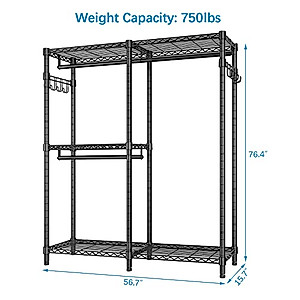 VIPEK V4 Garment Rack Bedroom Armoires Compact Freestanding Closet Storage Organizer, Portable Wardrobe Closet Heavy Duty Clothes Rack Metal Clothing Rack with 3 Hanging Rods & 2 Side Hooks, Black