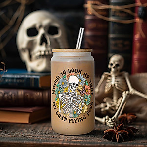 GSPY Skeleton Cup, Halloween Glass Cups with Lids and Straws - 16 oz Iced Coffee Cups, Funny Spooky Skull Tumbler - Witchy Gifts for Women - Christmas, Halloween Gifts for Friend, Sister, Mom