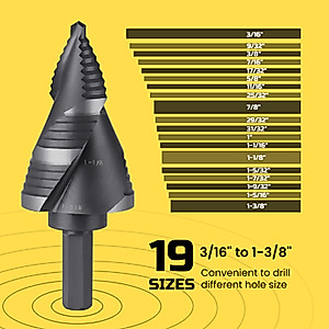 Lichamp Unibit Step Drill Bit for Metal, Genuine M2 Drill Stepper Bit for Hard Metal Heavy Duty, 19 Sizes from 3/16" to 1-3/8", Spiral Grooved with Hex Drive, C1BK