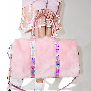 Risup Extra Large Laser Handbag Purse Fancy Duffel Bag 19in Faux Fur Bags for Travel and Overnight, Pink