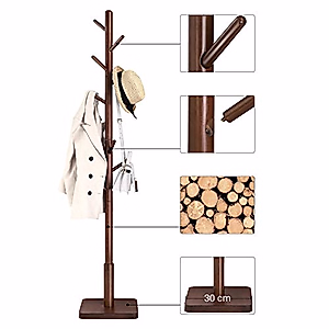 VASAGLE Solid Wood Coat Rack, Free Standing Hall Coat Tree with 8 Hooks, 3 Height Options, for Coats, Hats, Bags, Purses, for Entryway, Hallway, Rubberwood Hooks and Pole, Dark Walnut URCR010W01