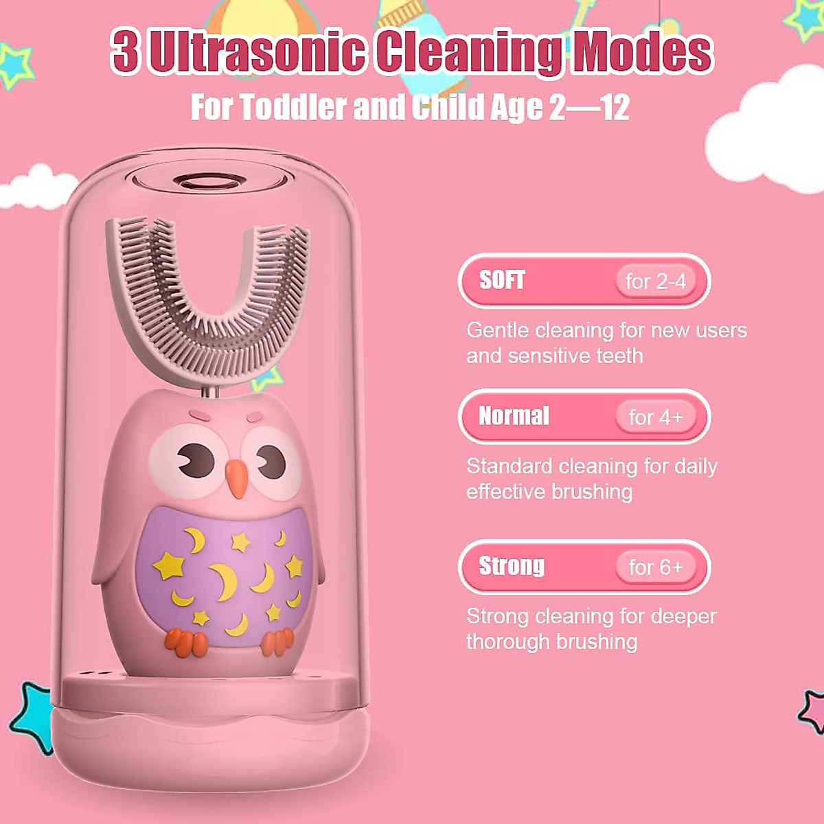 AUITRONCARE Kids Toothbrush Electric, Toddler Electric Toothbrush Ultrasonic Toothbrush 360° Cleaning U Shaped Toothbrush Come with 3 Brushing Heads and Cup for Toddlers & Children (Owl-Pink)