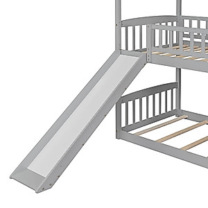 House Bunk Beds with Slide Twin Over Twin Floor Bunk Bed Frame Wood Playhouse Bunkbed with Storage for Kids Toddlers Girls/Boys, Gray