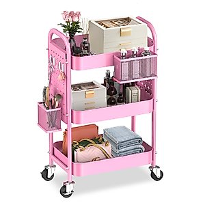 ALVOROG 3-Tier Rolling Utility Cart Movable Storage Organizer Shelves with Wheels and Hanging Cups Multifunctional Service Cart for Kitchen, Office, Coffee Bar-Black