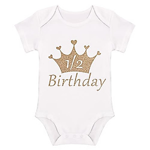My 1/2 1st Birthday Outfit Baby Girls Shiny Crown Romper + Ruffle Tulle Skirt + Sequins Crown Flower Headband Glitter Party Dress up 3PCS Photo Cake Smash Clothes Set Gold 1/2 Birthday 3-6 Months