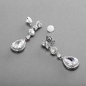 Mariell Bridal Wedding Clip-On Dangle Earring, CZ Clip Non-Pierced Earring for Bride, Mother of the Bride