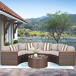 Incbruce Outdoor Half Moon Patio Furniture 5-Piece Curved Outdoor Sofa, All-Weather Outdoor Sectional Furniture Patio Conversation Sets with Round Tempered Glass Top Table(Brown Cushions)