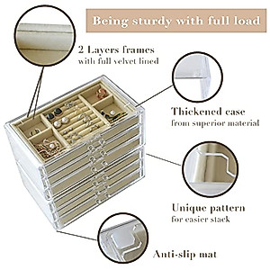 HerFav Acrylic Jewelry Organizer Box with 3 Drawers, Clear Jewelry Boxes for Women Earring Rings Bangle Bracelet and Necklace Holder Storage Velvet Jewelry Display Case