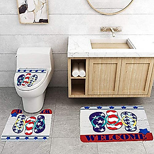 HEDYBARD 4 Pcs Red Blue Star Shower Curtain Set, Beach Themed Art Print of US Flag with Shower Curtain, Non-Slip Soft Flannel Rugs, Toilet Lid Cover, Bath Mat and 12 Hooks for Home Decorations