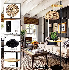 QIYIZM Floor Lamp with Table and Shelves for Living Room Bedroom Rattan Shelf Floor Lamps with Remote Boho Dimmable Standing Lamp Wicker Bamboo Wood Farmhouse Black Tall Lamp Rustic Floor Light