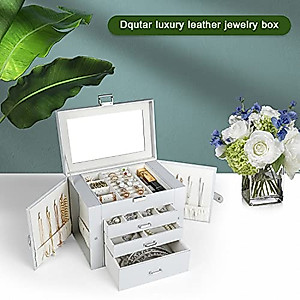 DQUTAR Jewelry Box for Women 4-layer Leather Large Jewelry Organizer Box with Drawers&Mirror for Necklace/Ring/Earring/Watch Storage (Grey)