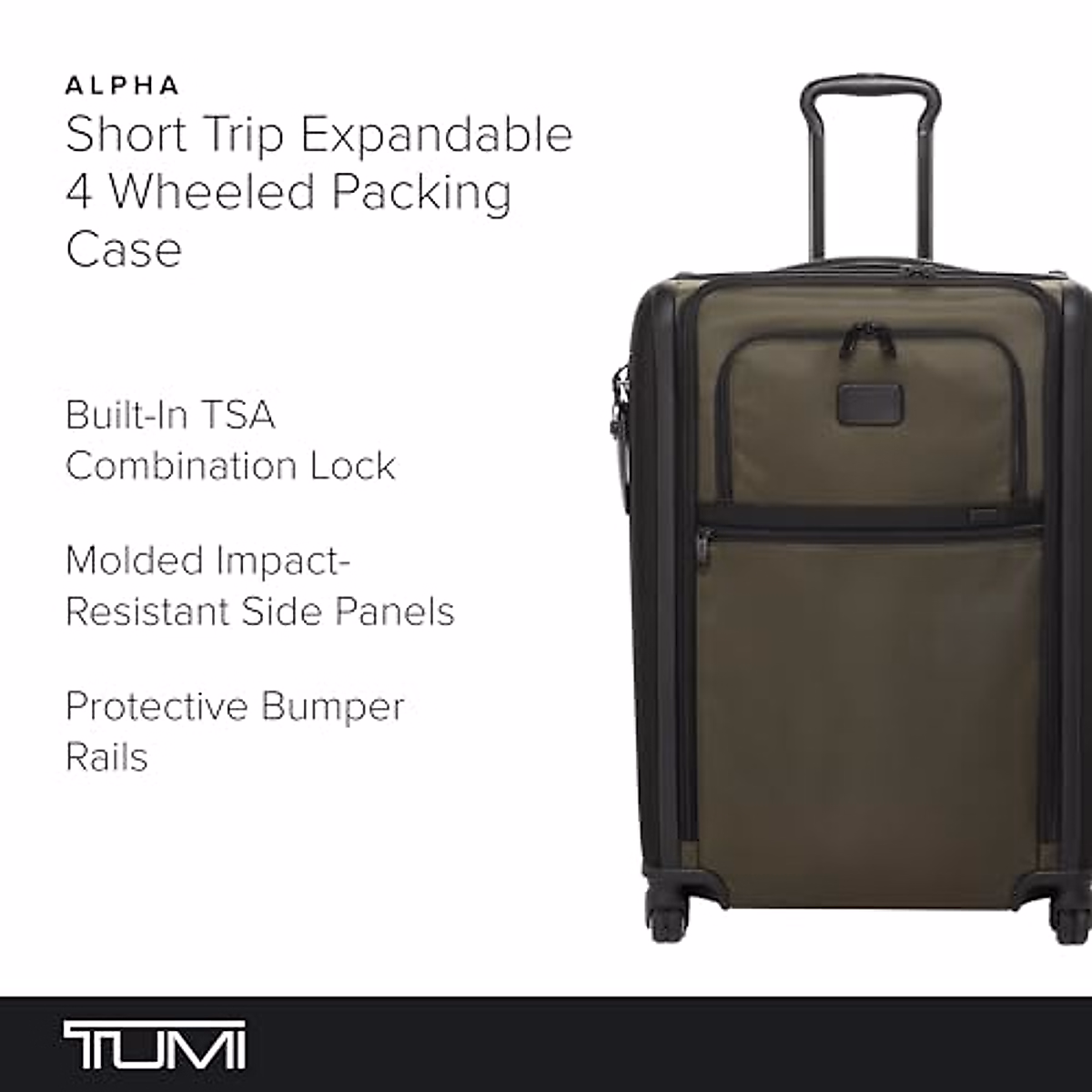 TUMI Short Trip Expandable 4-Wheeled Packing Case - Carry-On Suitcase with Combination Lock & Removable Garment Sleeve - Olive Night