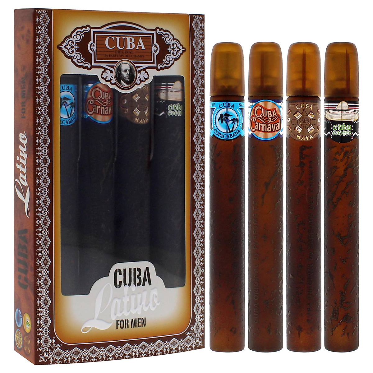 Cuba Latino Collection By Champs For Men. 4 Pc. Gift Set (Contains Eau De Toilette Spray 1.17 Oz / 35 Ml Of Carnaval, Cactus, Maya & Copacabana)
