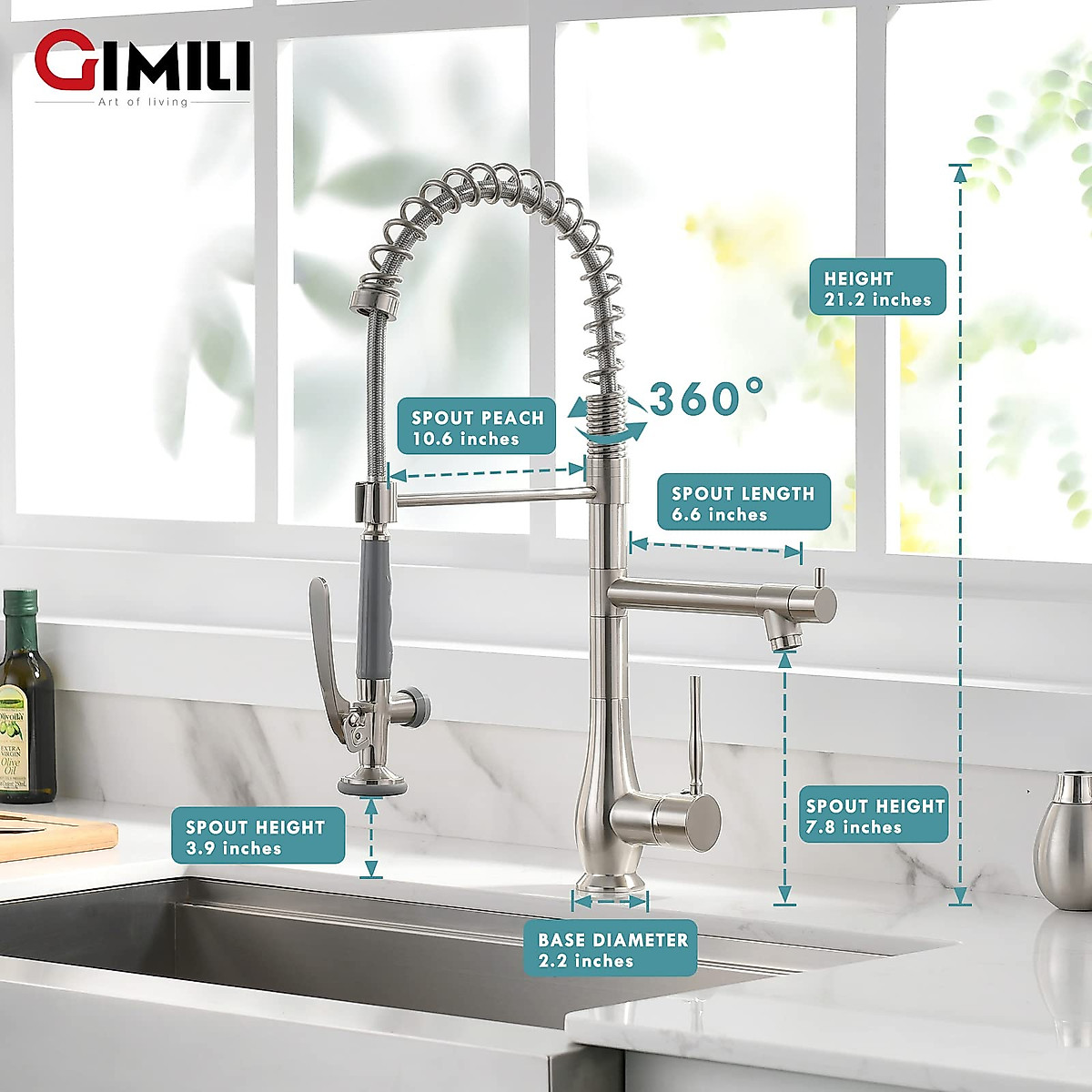 GIMILI Kitchen Faucet with Pull Down Sprayer, Single Handle High Pressure Kitchen Sink Faucet, Commercial Double-Headed Stainless Steel Kitchen Faucets Sink with Deck Plate, Brushed Nickel