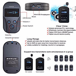 EXMAX EXD-101 2.4G Wireless Tour Guide Monitoring Voice Audio Transmission System + Aluminium Alloy Charge Case for Meeting Church Travel Simultaneous Interpretation - 2 Transmitters & 30 Receivers