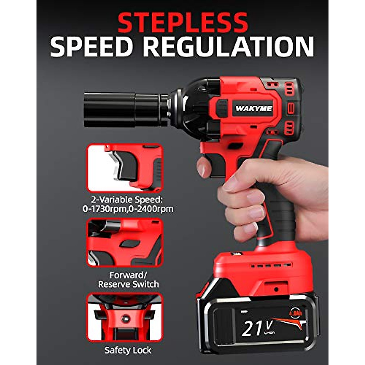 WAKYME 21V MAX Cordless Impact Wrench Kit, 1/2" Brushless Compact Wrench Power Tool Kit, TWO 4.0AH Li-ion Battery, 7Pcs Driver Impact Sockets, Fast Charger, Belt clip, Tool Box (250 Ft-lb Torque)