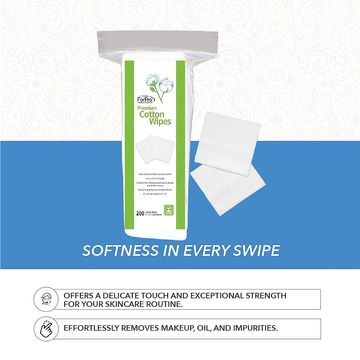 ForPro Professional Collection Premium Cotton Wipes, 100% Cotton, Extra-Soft, for Cosmetic, Nail, and Personal Care, 4” x 4”, 200-Count