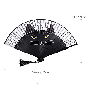 OULII Women Cartoon Cat Folding Silk Fan Handheld Fan (Black)