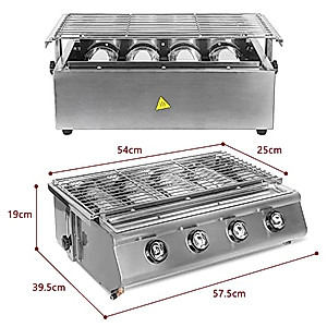 ZHIRCEKE Stainless Steel 4 Burners Gas Stove BBQ LPG Grill - Portable Tabletop Barbecue Gas Grill for Picnic Camping Festival Garden