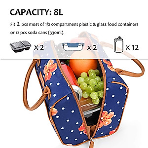 Tirrinia Insulated Lunch Tote Bag for Women w/Leather Handle, Fashionable Lunch Box for Men, Reusable Large Cooler Lunch Bag for Working/Picnic - Blue Floral