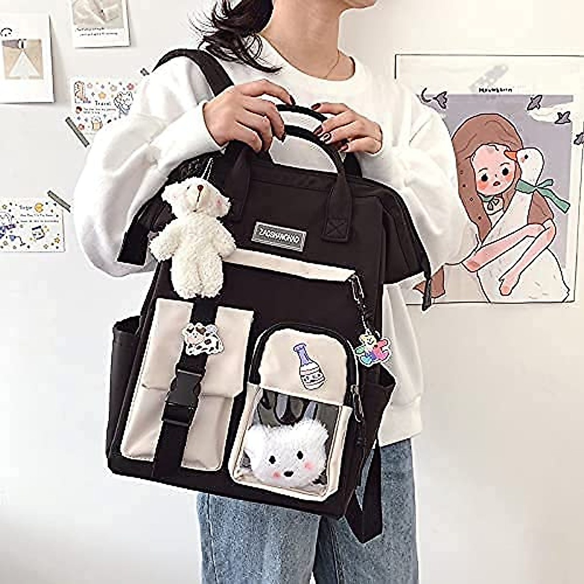 LIEEI Kawaii Backpack with Kawaii Pin & Bear Accessories Cute Laptop Bookbag Backpack School Bag for School Girls (Black) 26x18x38cm