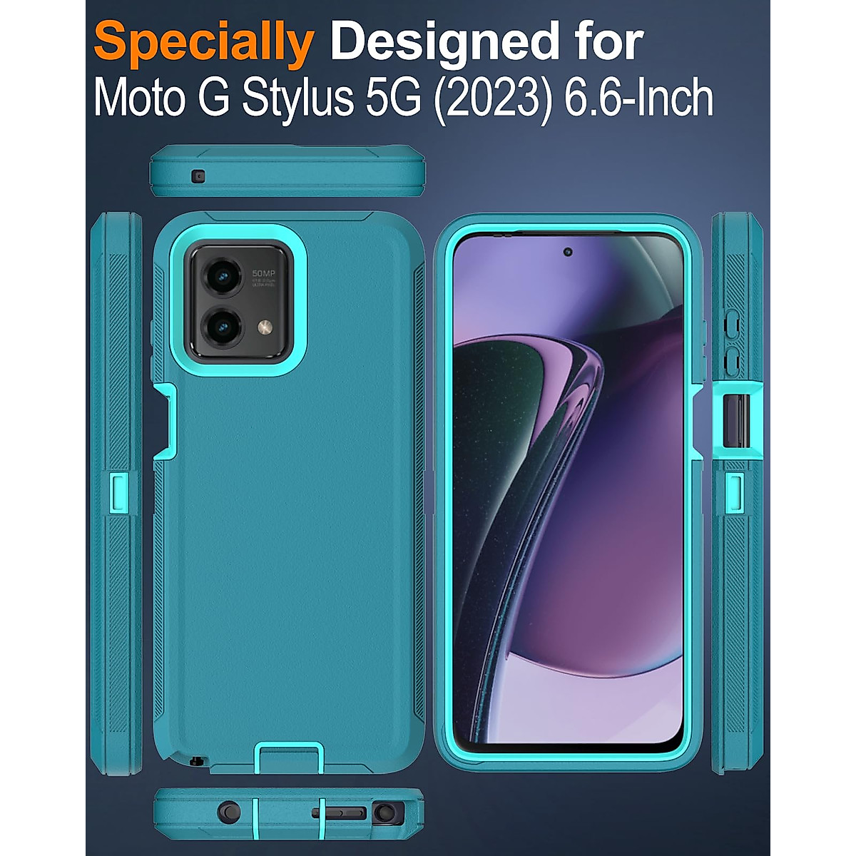 Aliruke for Motorola Moto G Stylus 5G(2023) Phone Case, with Screen Protector, Dust-Proof Port Cover, Full-Body Non-Slip Silicone Rubber Covered, Military Grade Drop-Proof Shockproof, Mint/Teal