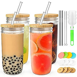 4 Pack Glass Cups Set - 24oz Mason Jar with Bamboo Lids and Glass Straw & 12 Airtight Lids, Brush - Boba Drinking Glasses, Reusable Travel Tumbler Bottle for Iced Coffee, Smoothie, Bubble Tea, Gift