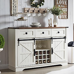 OKD Farmhouse Buffet Cabinet with Storage, 54" Sideboard with 3 Drawers, Sliding Barn Door, Wine and Glass Rack, Storage Shelves, Liquor Coffee Bar Cupboard for Kitchen, Dining Room, Antique White
