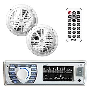 Pyle Marine Receiver & Speaker Kit - In-Dash LCD Digital Stereo Built-in Bluetooth & Microphone w/ AM FM Radio System 5.25’’ Waterproof Speakers (2) MP3/USB/SD Readers & Remote Control - PLMRKT36WT