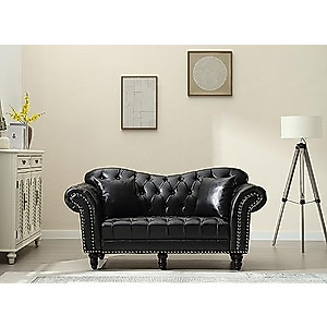 Morden Fort Chesterfield Sofa Faux Leather Loveseat, Luxurious 69" W Tufted Upholstered Loveseat Faux Leather Couch Furniture with Pillows, Wooden Leg for Living Room, Bedroom (Black)