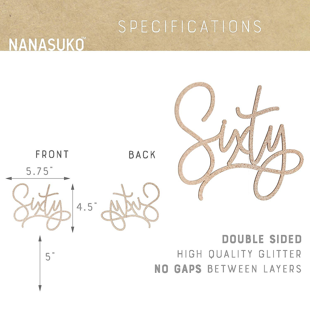 NANASUKO Modern Cursive 60th Birthday Cake Topper - sixty - Double Sided Rose Gold Glitter - Premium Quality Made in USA