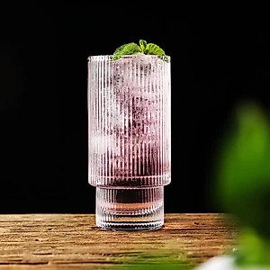 ALINK Ribbed Glassware Drinking Glasses with Straws Set of 8, Vintage Fluted Glassware Iced Coffee Cups, Ridged Glass Tumbler for Coocktail, Whiskey, Beer, Water- 2 Brush