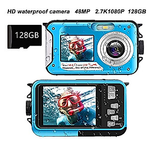 2.7K Underwater Digital Camera, 48MP Image 10FT Waterproof Video Camera, Dual Screens Digital Camera 16X Digital Zoom, Support up to 128G Micro Card(Blue)