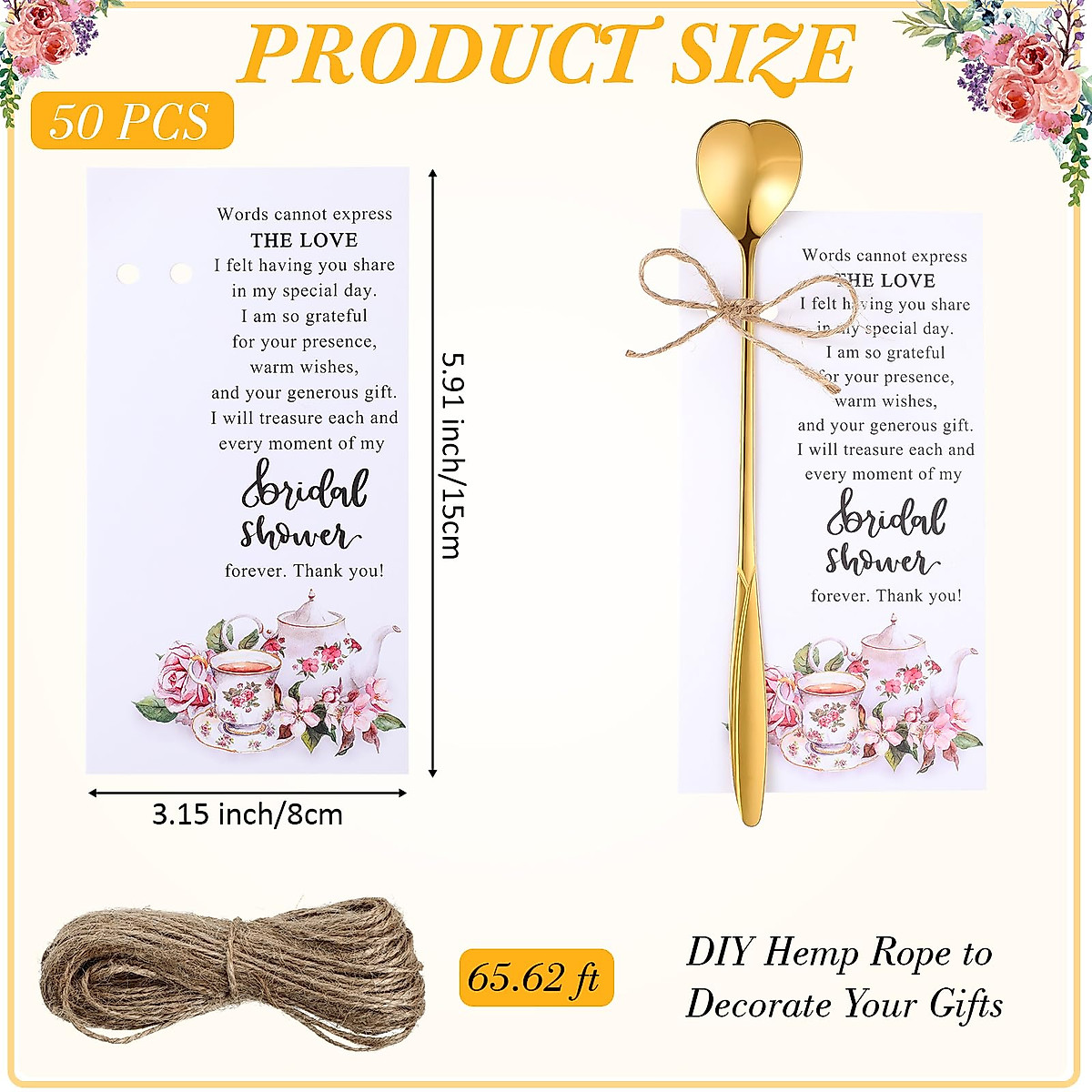 Skybooly 50 Sets Tea Party Bridal Shower Favors Mini Coffee Spoons Small Tea Spoons Heart Shaped Spoon with Bridal Shower Thank You Cards and Hemp Rope Wedding Souvenirs Tea Party Favor (Gold)