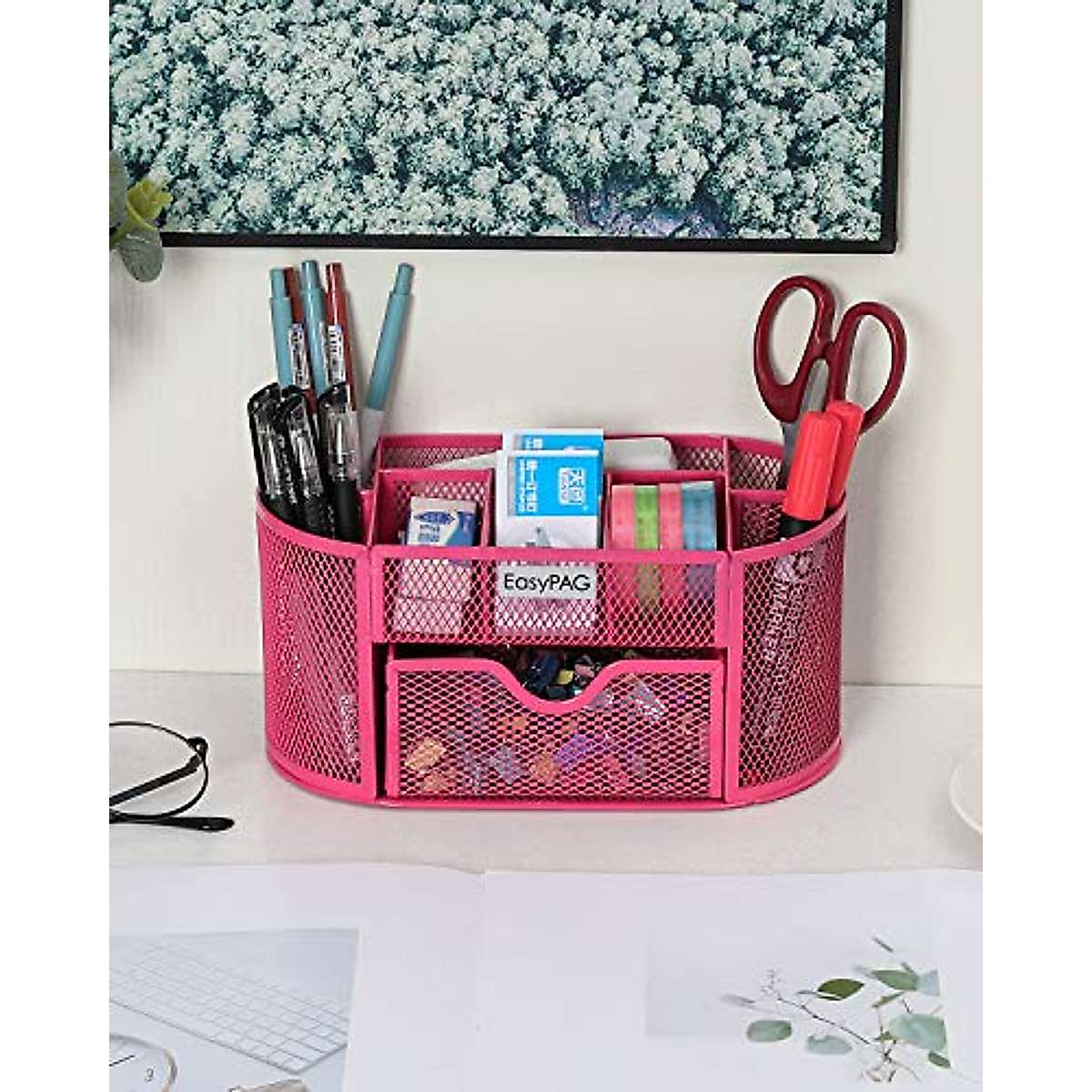 EasyPAG Desk Organizer Mesh Desktop Office Supplies Multi-functional Caddy Pen Holder Stationery with Drawer,Pink