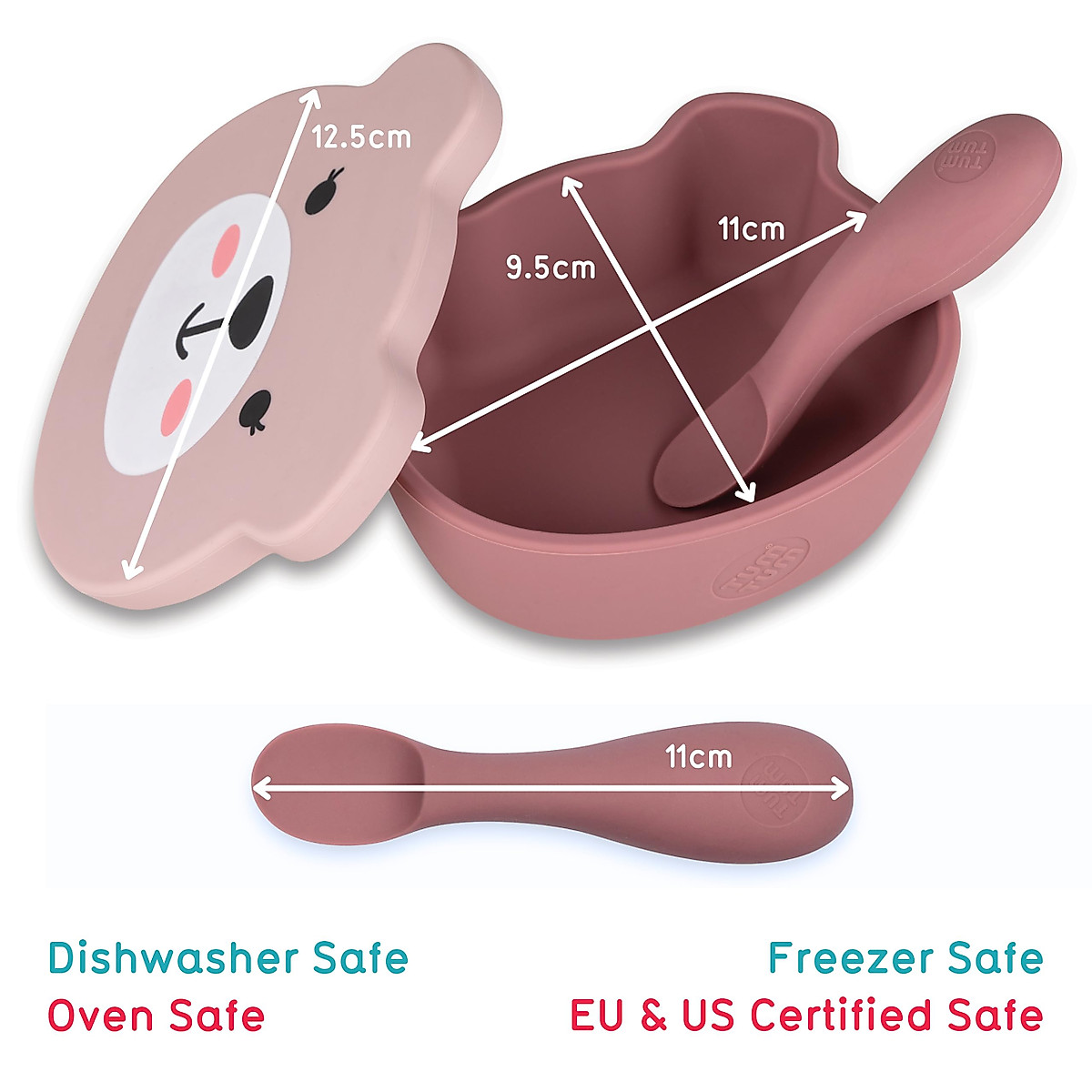TUM TUM Suction Bowl for Baby, Toddler Bowl with Lid & Spoon, for Babies & Toddlers 6 Months+, BPA Free Silicone Baby Feeding Set, Microwave/Dishwasher/Freezer Safe, Betsy Bear, Pink
