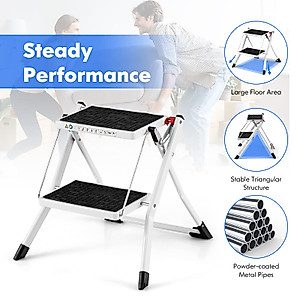 Goplus 2 Step Ladder, Lightweight Folding Step Stool with Anti-slip Pedals, Non-slip Foot Covers, Heavy Duty Metal Stepladder for Household, Kitchen, 330 LBS Weight Capacity, White & Black