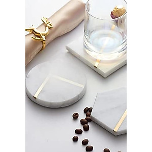 Hand Carved Natural White Marble Coasters - Set of 4 Half Mango Wood or Half Brass - Round Marble Coasters Set for Drinks. Brass/Wood & Marble Home Decor - Marble Coaster Set (Marble & Brass)