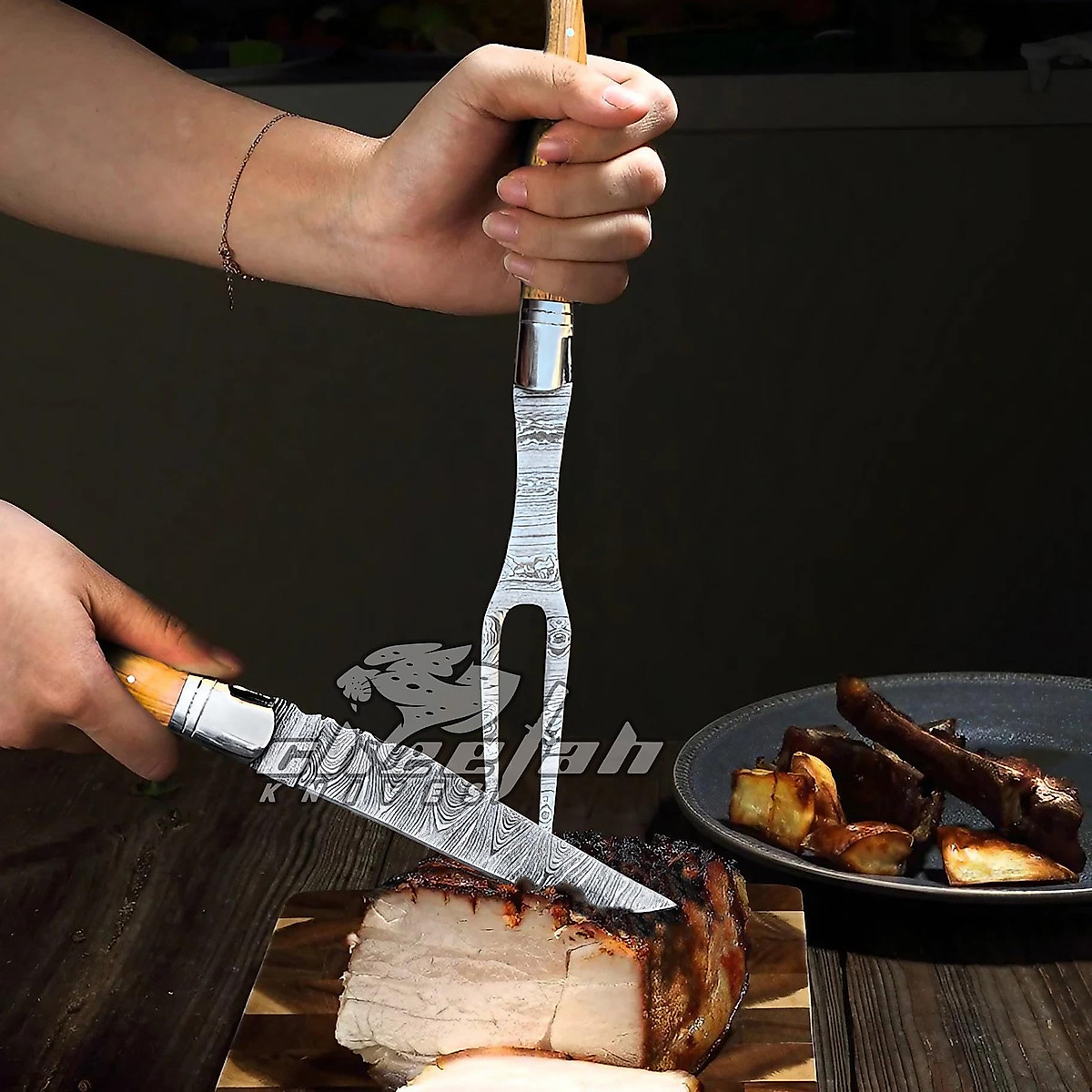 Cheetah Knives Damascus Carving Knife Set with Sheaths, Set of 2 with 12.5" Carving Fork & 12.5" Slicing Knife for Meat Cutting,Turkey,BBQ & Brisket, Made with Natural Olive Wood Handle
