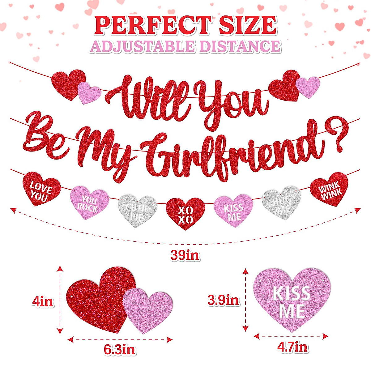 Will You Be My Girlfriend Banner Be My Girlfriend Glitter Heart Garland Happy Valentine’s Day Party Decoration Glitter Red and Pink Be My Valentine Romantic Party Supplies