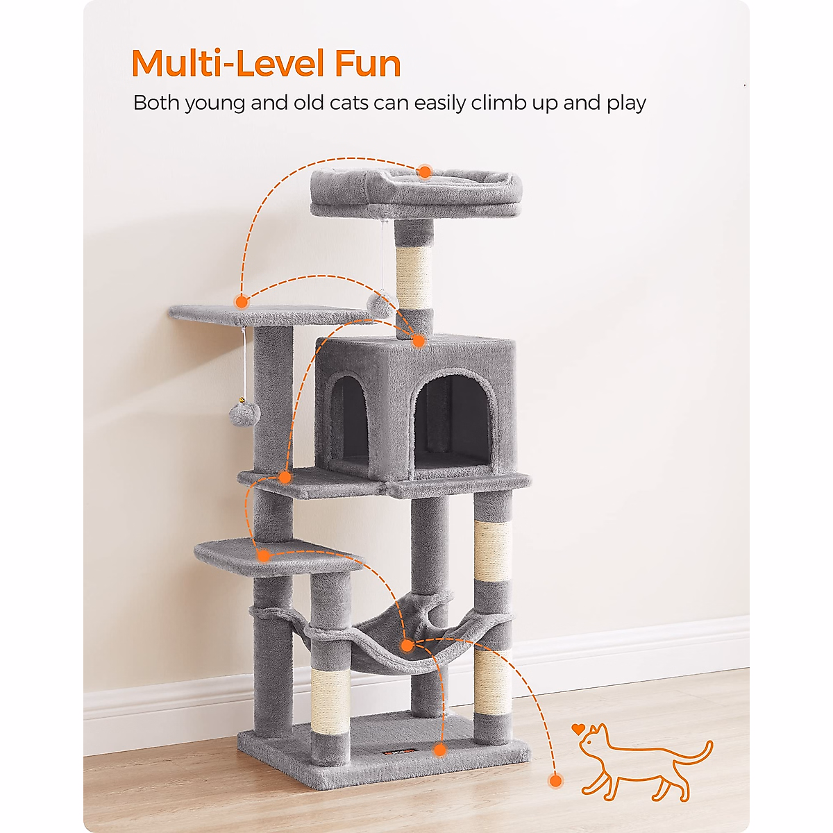 Feandrea Cat Tree, 44.1-Inch Cat Tower for Indoor Cats, Multi-Level Cat Condo with 4 Scratching Posts, 2 Perches, Hammock, Cave, Light Gray UPCT261W01