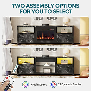 Bestier LED Fireplace TV Stand for 80 inch TV, Modren Entertainment Center with Storage Cabinets, Large Console TV Table for Living Room Bedroom - Black Marble