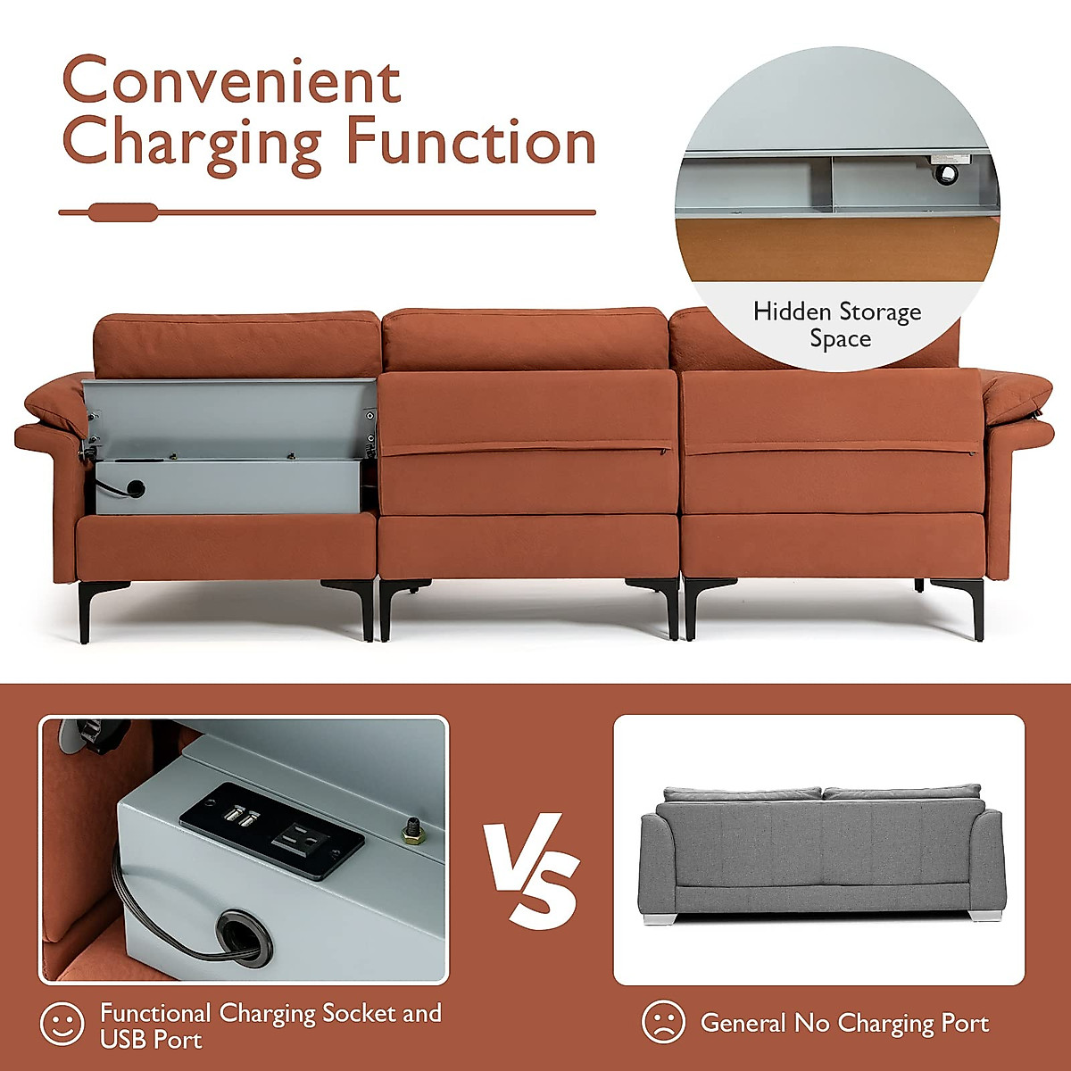 Giantex 100.5" L Convertible Sofa Couch, 3-Seat Sectional Sleeper with USB Ports & Socket, Storage Box, Metal Leg, L-Shaped Modular Sofa Reversible Chaise Lounge, for Living Room Bedroom Office Red