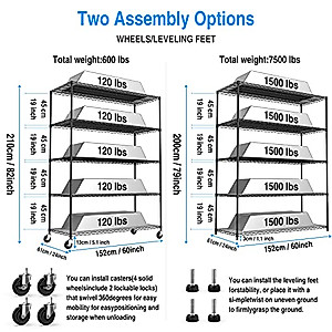 5 Tier NSF Metal Shelf Wire Shelving Unit, 7500lbs Capacity Heavy Duty Adjustable Storage Rack with Wheels & Shelf Liners for Commercial Grade Utility Steel Storage Rack , 82"H x 60"L x 24"D - Black