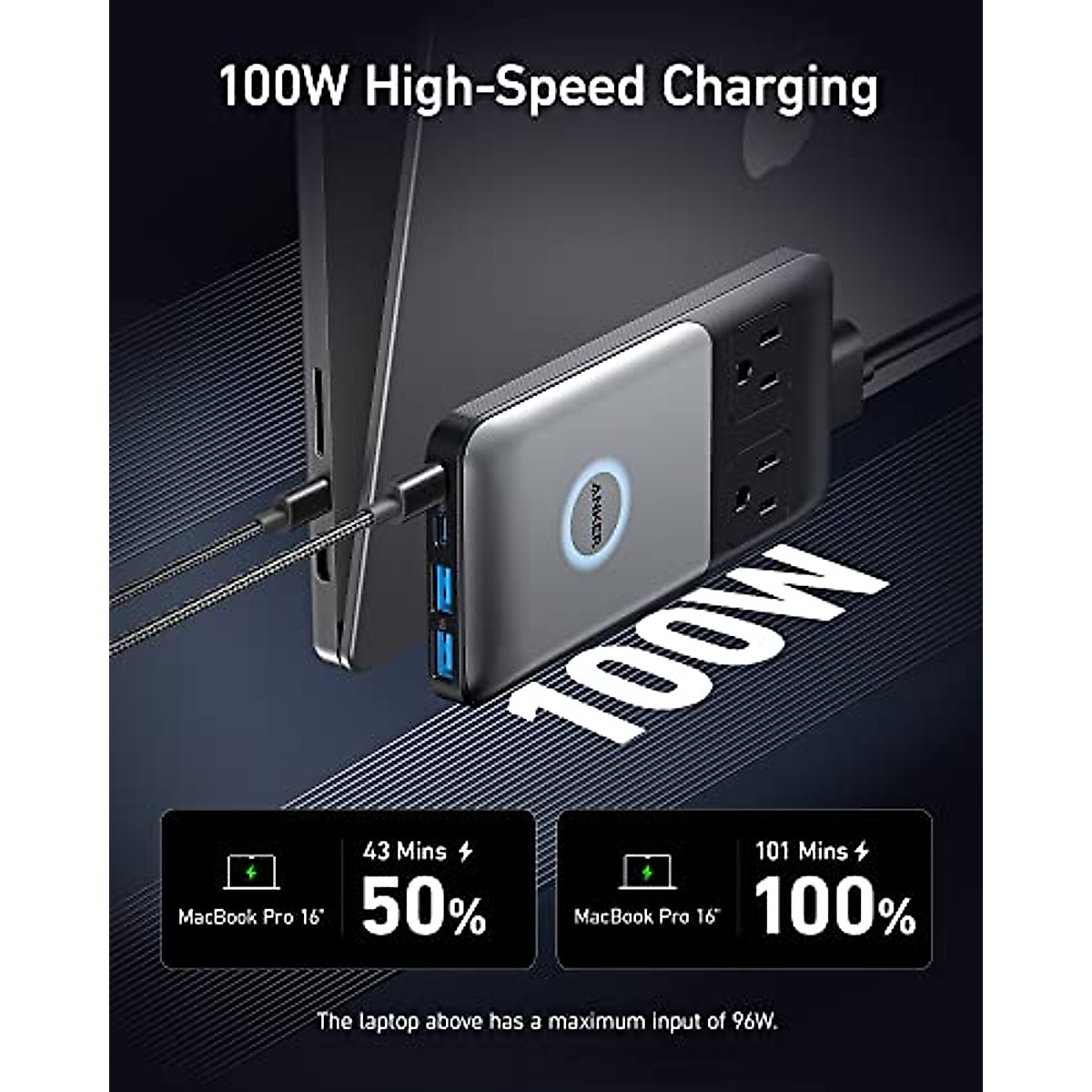 Anker 727 Charging Station (GaNPrime 100W), Compact Power Strip for Travel,Work, 5ft Detachable Extension Cord with 2 Outlets & 4 USB Ports, for iPhone14, Samsung, iPad, MacBook, More(not a Battery)