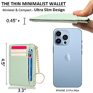 Valentoria Slim RFID Blocking Card Holder Small Pocket Wallet Keychian Zipper Coin Purse Minimalist Leather Cash & Coin & Cards Case for Women Men (Green)