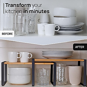 Ibyx Premium Kitchen Cabinet Organizer Shelf - Set of 3 Kitchen Counter Shelves - Stackable Shelf Racks for Cabinets - Metal Frame & Engineered Wood (Natural Wood, Black Frame)