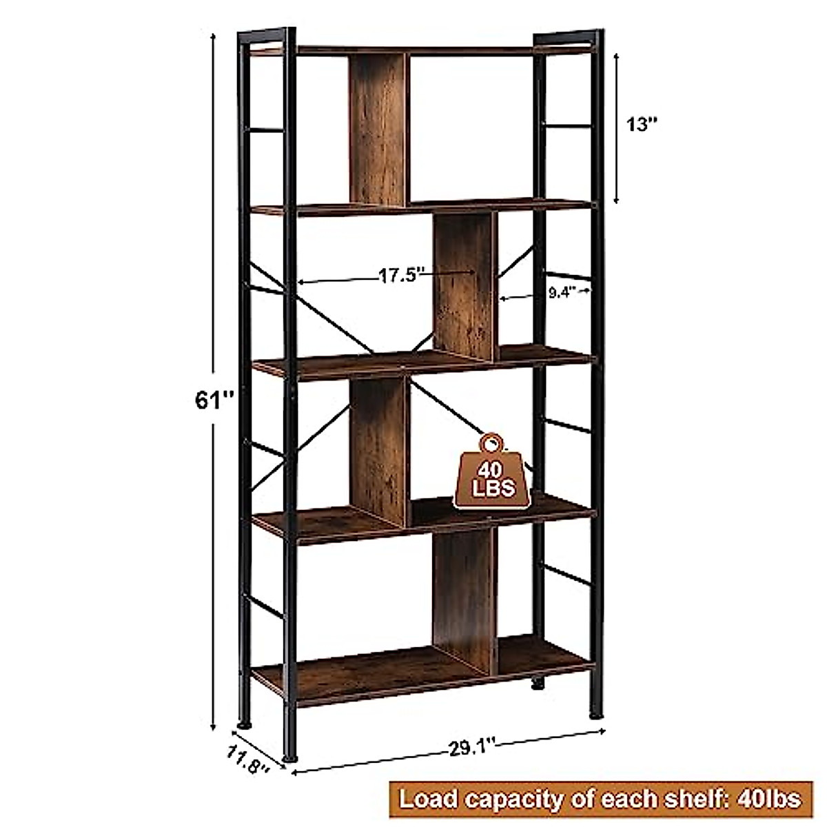 BETTAHOME Tall 5-Tier Bookshelf, 61'' Tall Open Book Shelf, Industrial Wooden Bookcase, Display Storage Organizer for Home Office, Bedroom, Living Room, Rustic Brown and Black