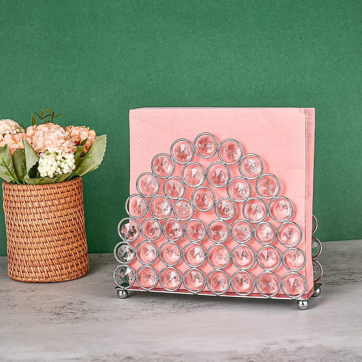 Feyarl Crystal Napkin Paper Holder Facial Tissues Napkin Organizer Mails Letters Cards Holder Cast Standing for Dinner Table Dresser Home Deco Office (Silver)