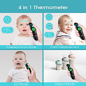 Forehead Thermometer for Adults, 4 in 1 Ear Thermometer for Kids, No Touch Baby Thermometer, Digital Thermometer with Fever Alarm and Object Measurement - Fast, Reliable and Accurate (Black)